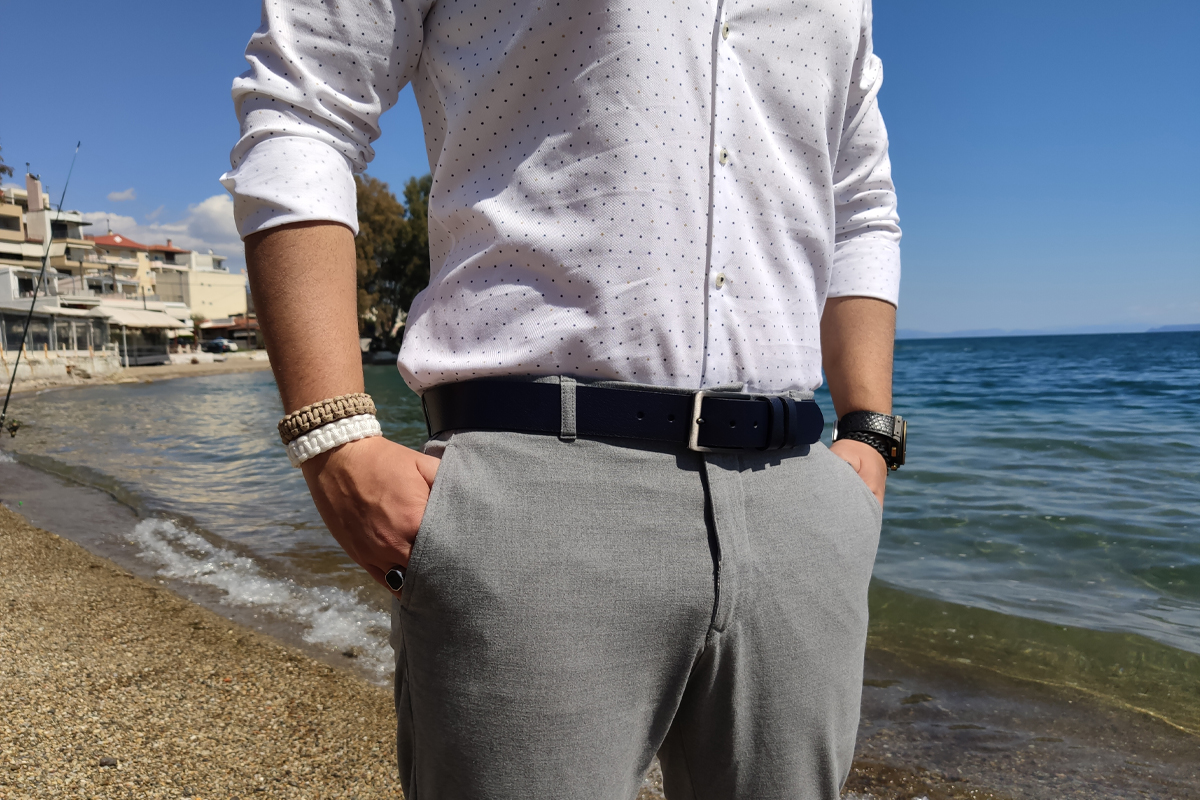 ΑΝΔΡΙΚΗ ΔΕΡΜΑΤΙΝΗ ΖΩΝΗ MGS ΜΠΛΕ ΣΚΟΥΡΟ | ModernGreekSandals.com